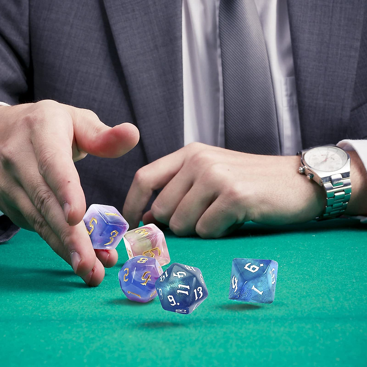 GWHOLE 42 Pcs(6 Sets) Polyhedral Dice with Gold Pattern Drawstring Pouches for DND RPG MTG Dungeon and Dragons Table Board Roll Playing Games Style 3