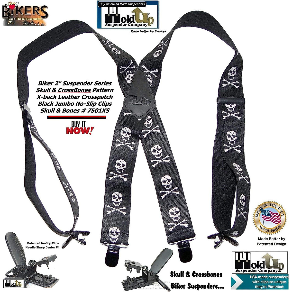 Holdup Suspender Company 2" wide Biker Skull & Crossbones Suspenders for Men with Patented Jumbo black metal no-slip Clips