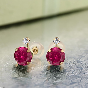 Gem Stone King 14K Yellow Gold Round Red Created Ruby and White Created Sapphire Earrings For Women (2.08 Cttw, Round 6MM)
