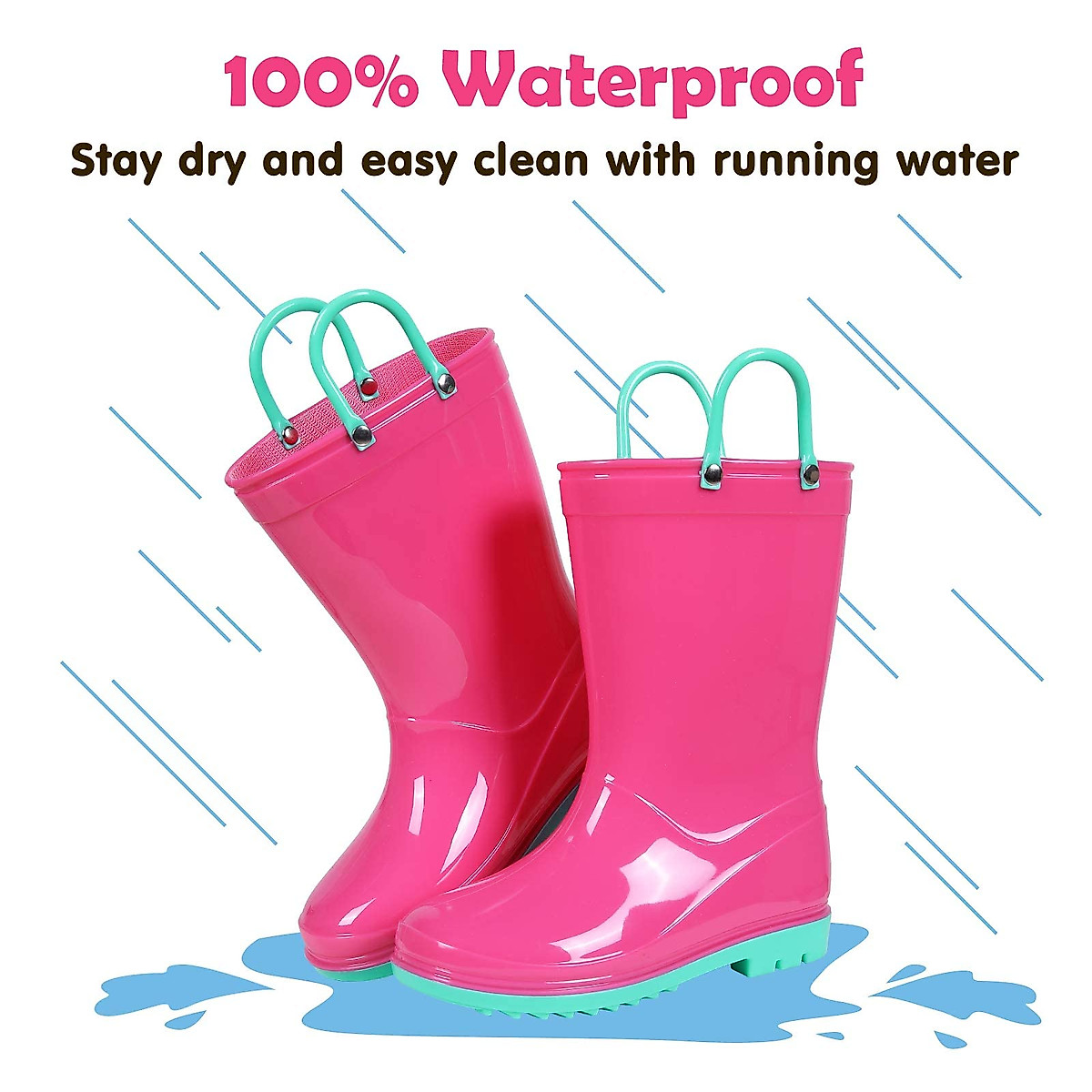 Colorxy Kids Rain Boots for Boys Waterproof Toddler Rain Boots with Easy-On Handles, Hot Pink Size Big Kid 4