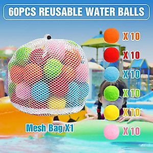Korlon Tec 60 Pcs Reusable Water Balls, 2.5" Outdoor Water Toys Reusable Water Balloons for Kids, Summer Toys for Backyard Pool Trampoline Water Fun