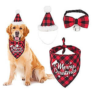 ADOGGYGO Christmas Dog Bandana Hat Bowtie, Red Plaid Dog Christma Bandana Triangle Dog Scarf Dog Christmas Outfit Costume Accessories for Large X-Large Dogs Pets (X-Large, Red)