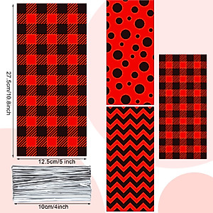 120 Pieces Christmas Cello Candy Bags Buffalo Polka Dot Stripes Prints Plastic Goodie Treat Favor Bags with 200 Twist Ties for Winter Holiday Birthday Baby Shower Party Supplies (Red, Black)