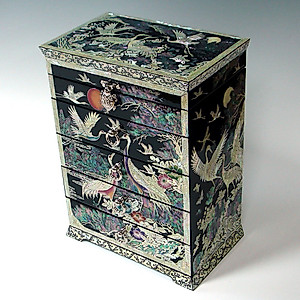 Antique Alive Mother of Pearl Inlay Design Jewelry Box, Wood Jewelry Box, Trinket Case, Keepsake Treasure Chest Box Organizer Holder (Pine Black)