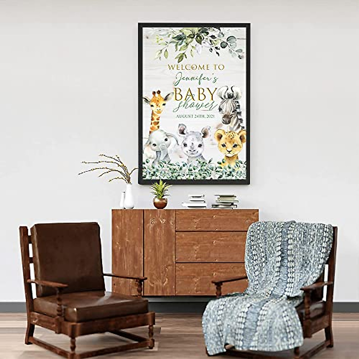 Personalized Safari Baby Shower Welcome Sign Poster, Jungle Animals Print Art, Cute Watercolor Jungle Baby Shower Welcome Decoration, Custom Baby Shower Wall Art Poster Canvas, Home Decor