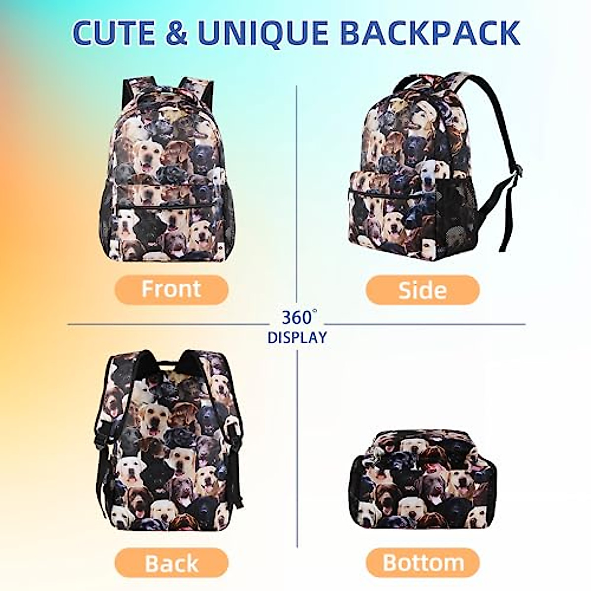 Labrador Retriever Dogs Print Backpack for Boys Girls 17-inch Laptop Travel Laptop Daypack School Bag with Multiple Pockets for Kids