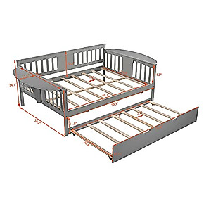 Solid Wood Daybed with 2 Folding Tables and Trundle, Full-Size Bed Frame Multi-Functional Daybed for Kids/Teens Bedroom/Guest Room Furniture, No Box Spring Required