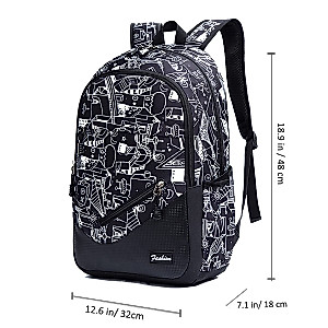 Ozmego Boys School Backpacks Midlle School College Bookbag for Teens Boys Girls (Black Print)