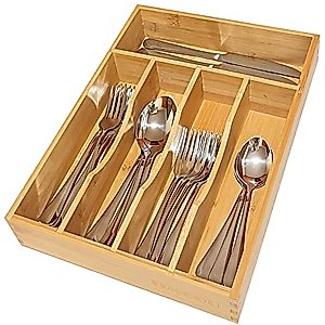 TIMGOU 20 Pcs Silverware Set with Organizer, 18/8 Stainless Steel Cutlery Set with Utensils Bamboo Tray for Kitchen Drawer, Serving Flatware for 4 with Storage Holder