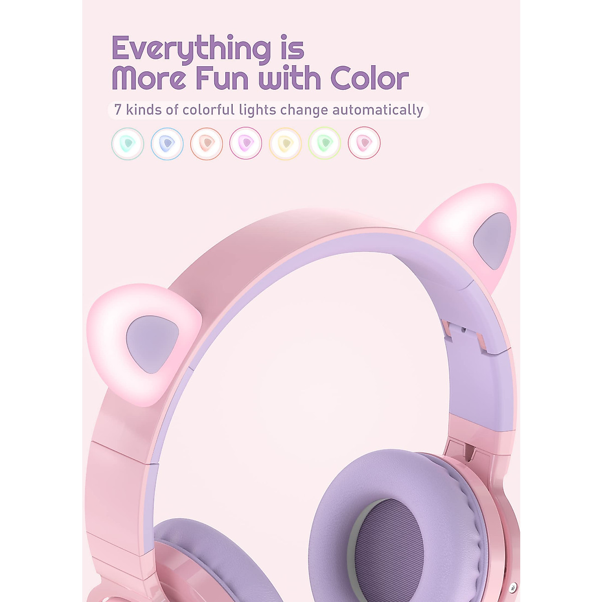 Picun Bluetooth Kids Headphones with Microphone, Cat Ear Wireless & Wired 85dB Volume Limited Multi-Function Girl Headphones, Built-in Flashing LED, Foldable for School Study Home Travel- Purple Pink
