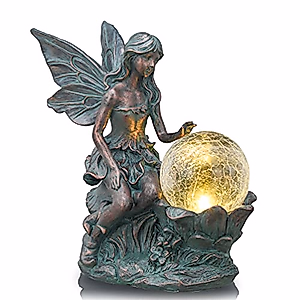 TERESA'S COLLECTIONS Fairy Garden Sculptures & Statues, Large Solar Outdoor Statue Figurines with Crackle Glass Globe, Resin Fairy Garden Decor for Outside Balcony Patio Deck Yard Decor,11.8 inch