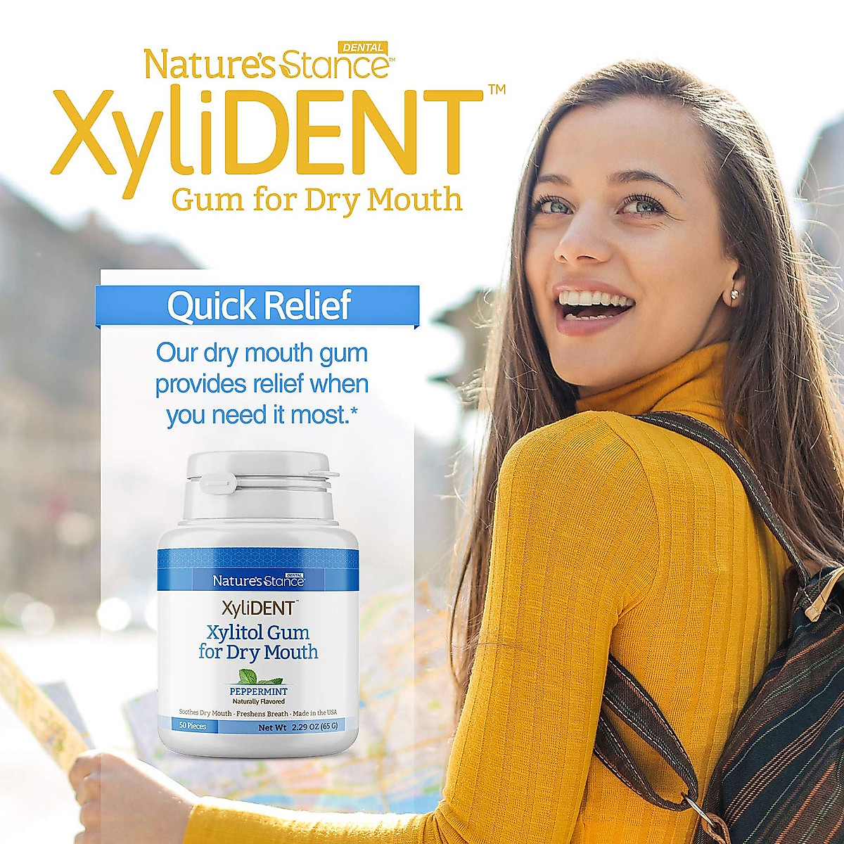 XyliDENT Xylitol Gum for Dry Mouth Relief - Stimulates Saliva, Freshens Breath, Reduces Acid Production, Fast Acting Relief, 50 Count (Peppermint)