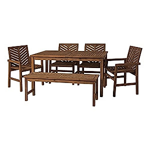 Walker Edison 7 Person Outdoor Wood Chevron Patio Furniture Dining Set Table Chairs Bench All Weather Backyard Conversation Garden Poolside Balcony, 6 Piece, Dark Brown