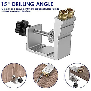 Pocket Hole Jig Kit, 15 Degree Angle Oblique Hole Puncher Locator, High Precision Adjustable Woodworking Drill Guide Tool Kit for DIY Carpentry Projects Portable Unit or Mount to Bench