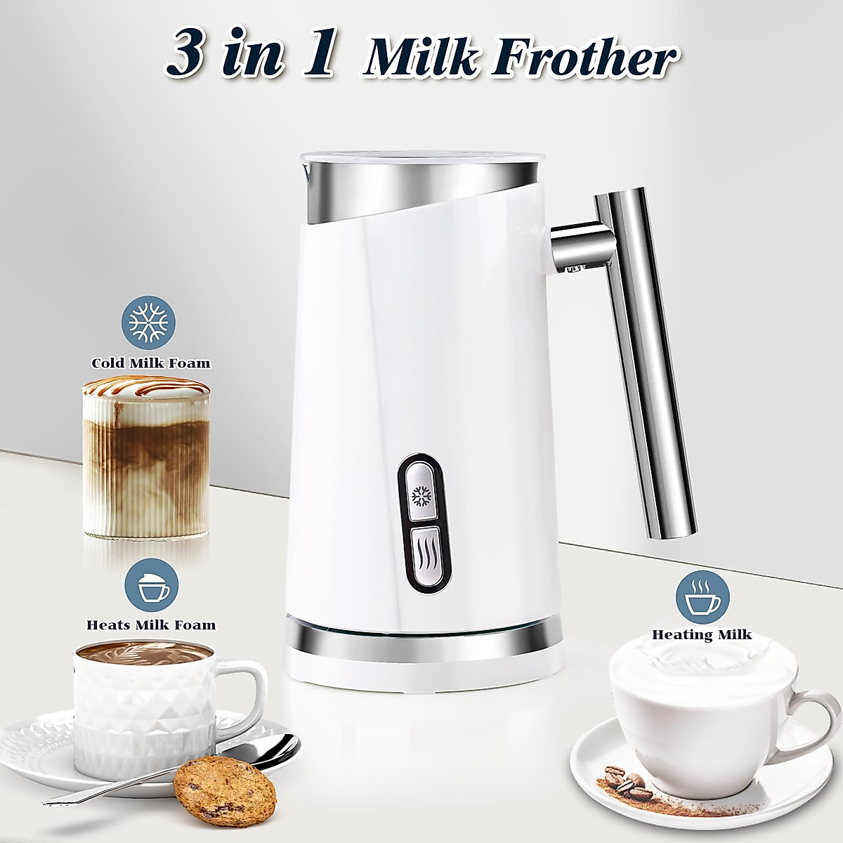 seydere Milk Frother and Steamer, Non-Slip Stylish Design, Hot & Cold Milk Steamer with Temperature Control, Auto Shut-Off Frother for Coffee, Latte, Cappuccino, Macchiato (white)