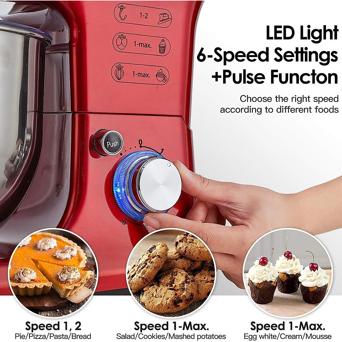 Stand Mixer, COKLAI Electric Mixer, 6 Speed Dough Mixer Metal Lid with Stainless Steel Bowl, Tilt-head Kitchen Mixer with Wire Whisk, Dough Hook, Flat Beater & Splash Guard, Food Mixer for Baking