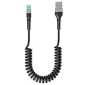 Coiled Lightning Cable Apple Carplay Compatible [Apple MFi Certified] Short USB to Lightning Apple Carplay Cable with Data Sync and LED, Retractable iPhone Charger Cord for iPhone/Pad/Pod