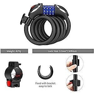 Bicycle Lock, with LED Night Light Lighting, Combination Lock, Mountain Bike Steel Cable Lock, 120cm / 12mm