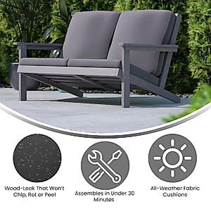 Merrick Lane Riviera Adirondack Style Deep Seat Patio Loveseat with Cushions - Gray Poly Resin Frame - Gray All-Weather Cushions - Indoor/Outdoor