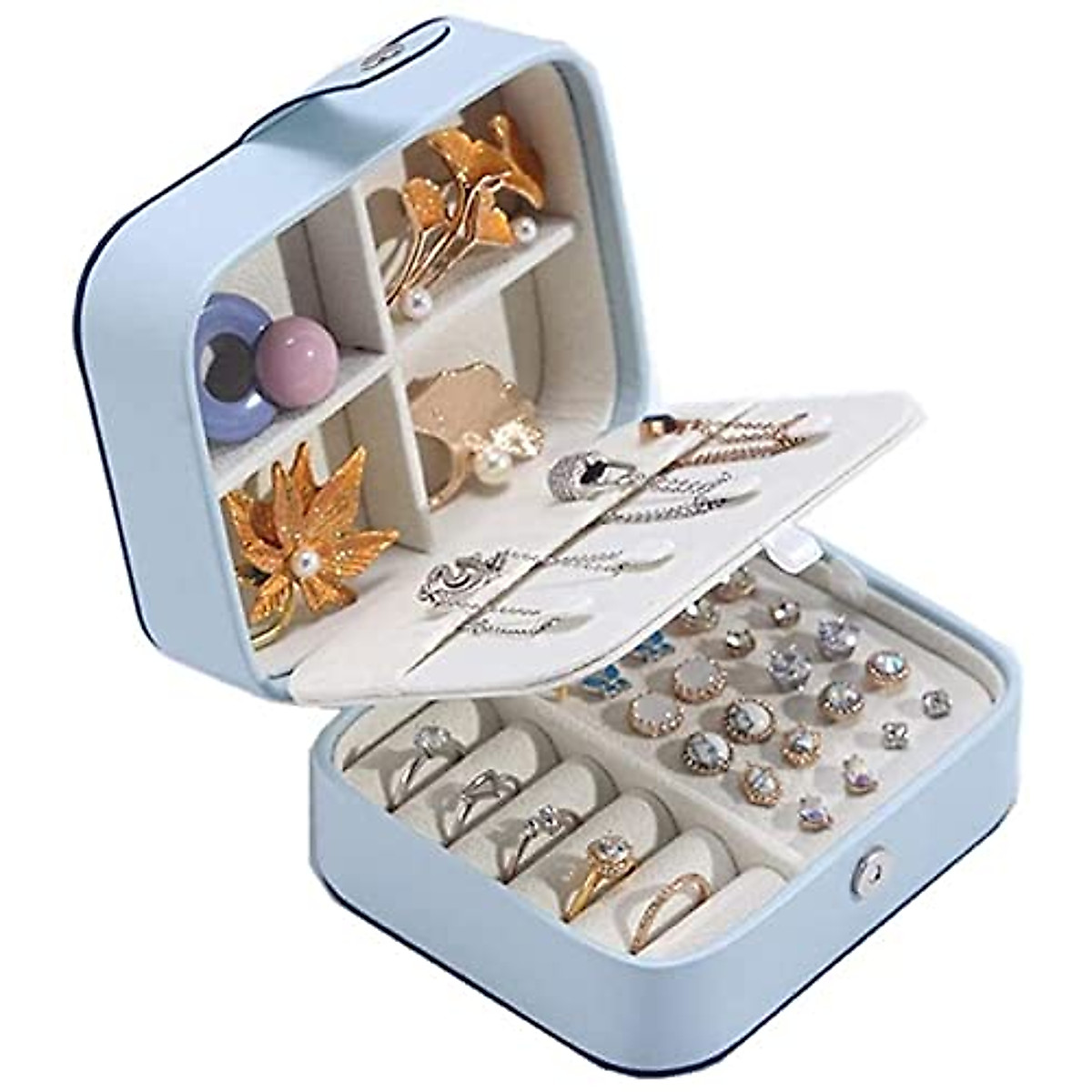 ZZYINH AN207 Double-Sided Jewlery Box Portable Jewelry Box Leather Ear Stud Ring Necklace Earrings Storage Box Small Jewelry (Color : Blue)