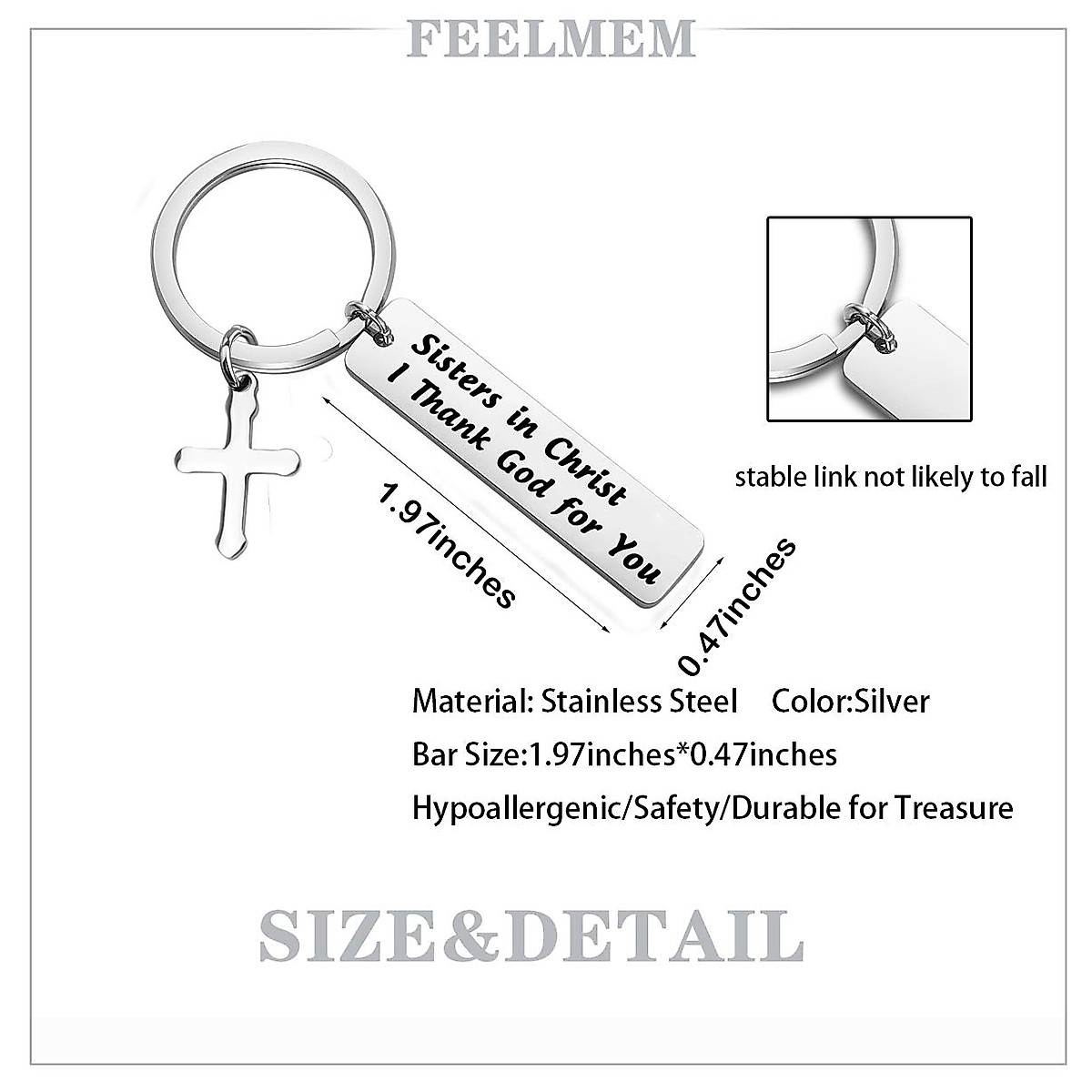 FEELMEM Christian Sister Gift Sisters in Christ I Thank God for You Keychain Religious Sister Jewelry Baptized in Christ Gift(silver)