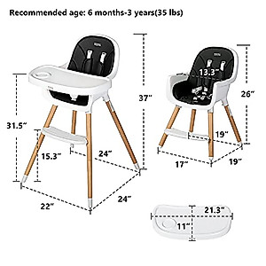 Kinder King 3 in 1 Convertible Baby High Chair, Wooden Highchair w/Double Removable Tray, Infant Feeding Chair-Toddler Chair, Adjustable Legs, Detachable Footrest & PU Cushion, 5-Point Harness, Black