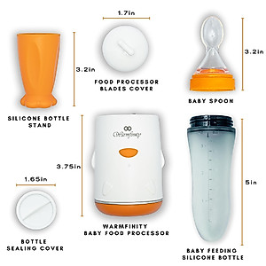 Warmfinity Portable Baby Food Processor – Multifunctional Baby Food Maker - Baby Puree Blender with Soft Silicon Spoon Feeder (White-Orange)
