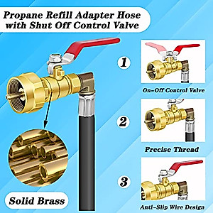 Upgraded Propane Refill Adapter Hose, 36" Propane Extension Refill Hose with Gauge, Shut off Valve, 1LB Propane Filling Hose Kit with 1 LB Propane Bottle Cap, Roll Sealing Tape (Rubber)