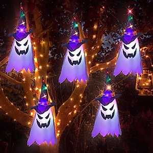 Halloween Decorations Outdoor,Hanging Glowing Ghost Witch Hat with String Lights,Scary Halloween Tree Decorations Ornaments for Indoor Outside Home Window Porch Garden Yard Party Decor