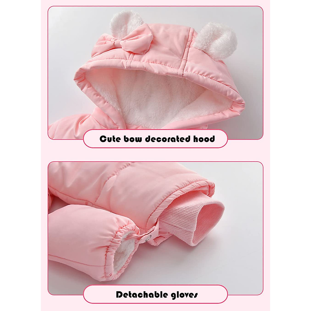 JanLEEsi Baby Winter Hooded Snowsuit Romper Zipper Padding Bodysuit Infant Puffer Jacket with Gloves,Pink,9-12M