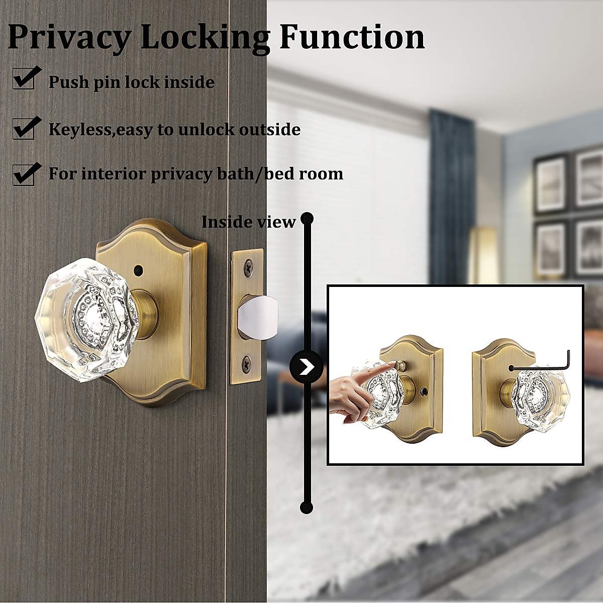 Gobrico Privacy Door Lock Sets Crystal Knobs Heavy Duty Door Hardware,Keyless Bath/Bed Door Knobset with Lock Inside,Push Pin Button,Antique Brass Arched Rosette,2 Pack