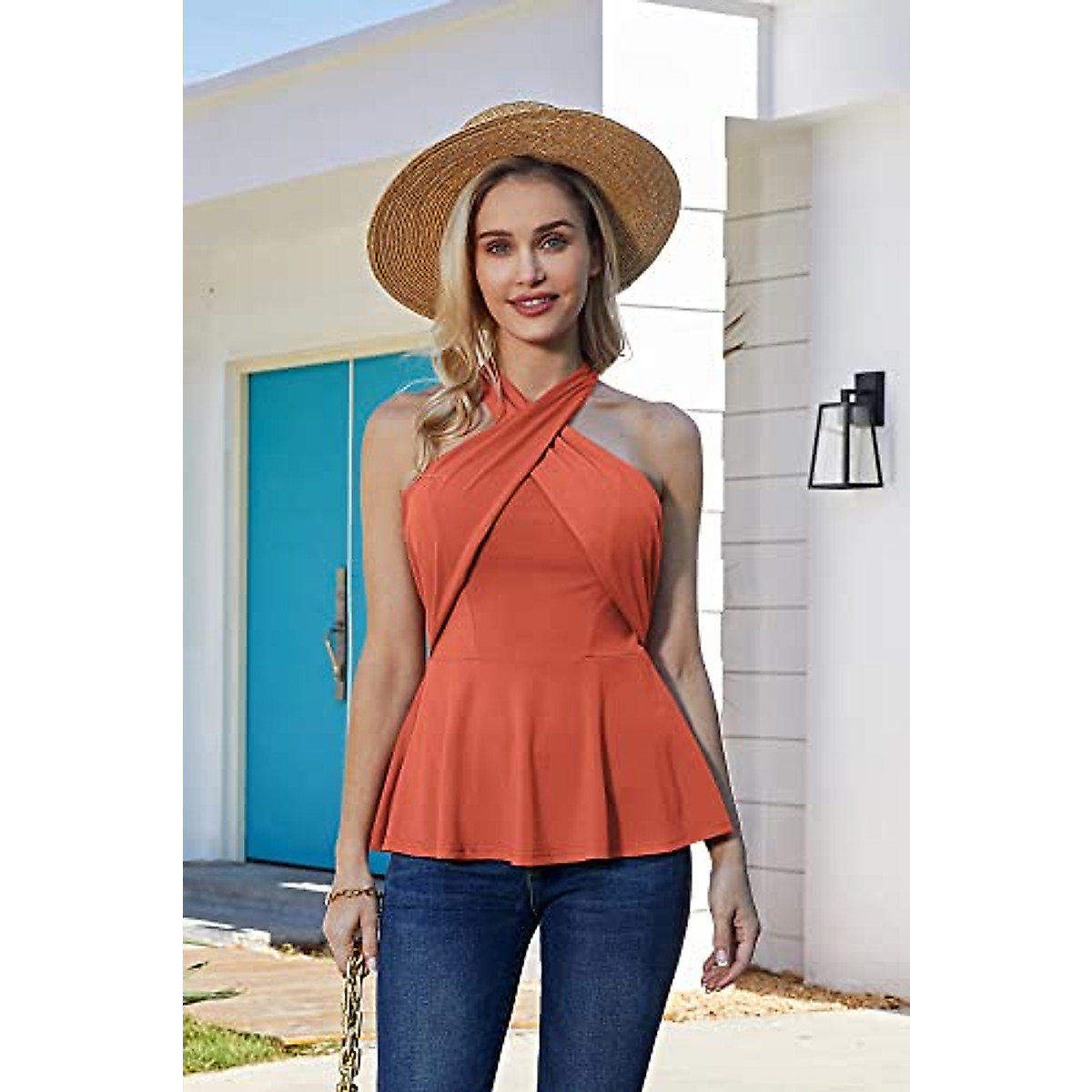 Women's Criss Cross Halter Tops Wrap Going Out Trendy Tank Tops Burnt Orange