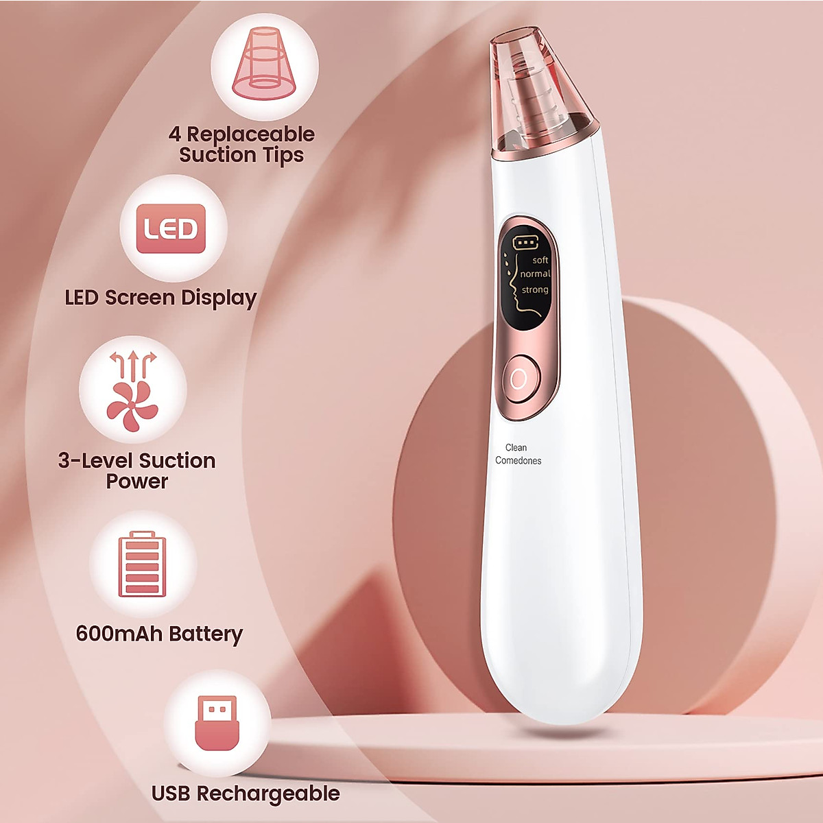 Blackhead Remover Pore Vacuum - LED Screen & USB Rechargeable Facial Pore Cleaner, Comedone Extractor Tool,Acne Extractor Tool with 3 Suction Power,4 Probes Black Head Remover for Face for Women & Men
