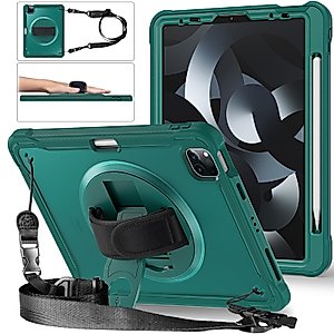 Batianda Case for iPad Pro 11-inch 2022 4th M2 Chip /2021 (3rd Generation) Heavy Duty Rugged Shockproof Tablet Cover with 360° Rotating Hand Strap Foldable Hidden Stand & Shoulder Strap, Teal