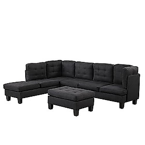 Casa Andrea Milano Modern Sectional Sofa L Shaped Couch with Reversible Chaise & Ottoman, Large Living Room Furniture, Black