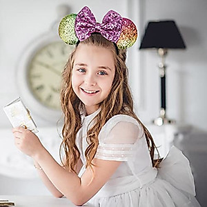 Makone Mouse Ears Headbands, Rainbow Sparkle Mouse Ears, Sequin Minnie Ears, Purple Bows Hairs Accessories, Party Princess Cosplay for Baby Girls & Women