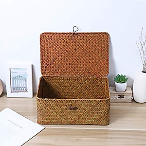 BESPORTBLE Rattan Storage Basket, 11 x 7 x 4. 9Inch Woven Rectangular Seagrass Rattan Basket with Lid and Button- Rectangular Rattan Basket for Shelf Organizer Makeup Organizer