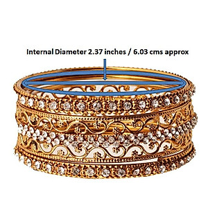 Touchstone "Golden Bangle Collection Exotic Filigree and Grain Work Clear Rhinestone Indian Bollywood Thick Thin Metal Bangle Bracelets in Antique Gold Tone for Women. Set of 6.