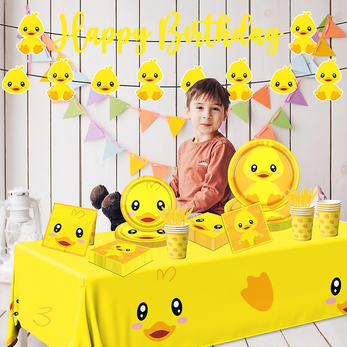 Rubber Duck Party Supplies,Happy Birthday Duckie Tableware Set Duck Plates Yellow Baby Shower Napkins Cups for Waddle It Be Gender Reveal Party,One Lucky Duck Birthday Decorations