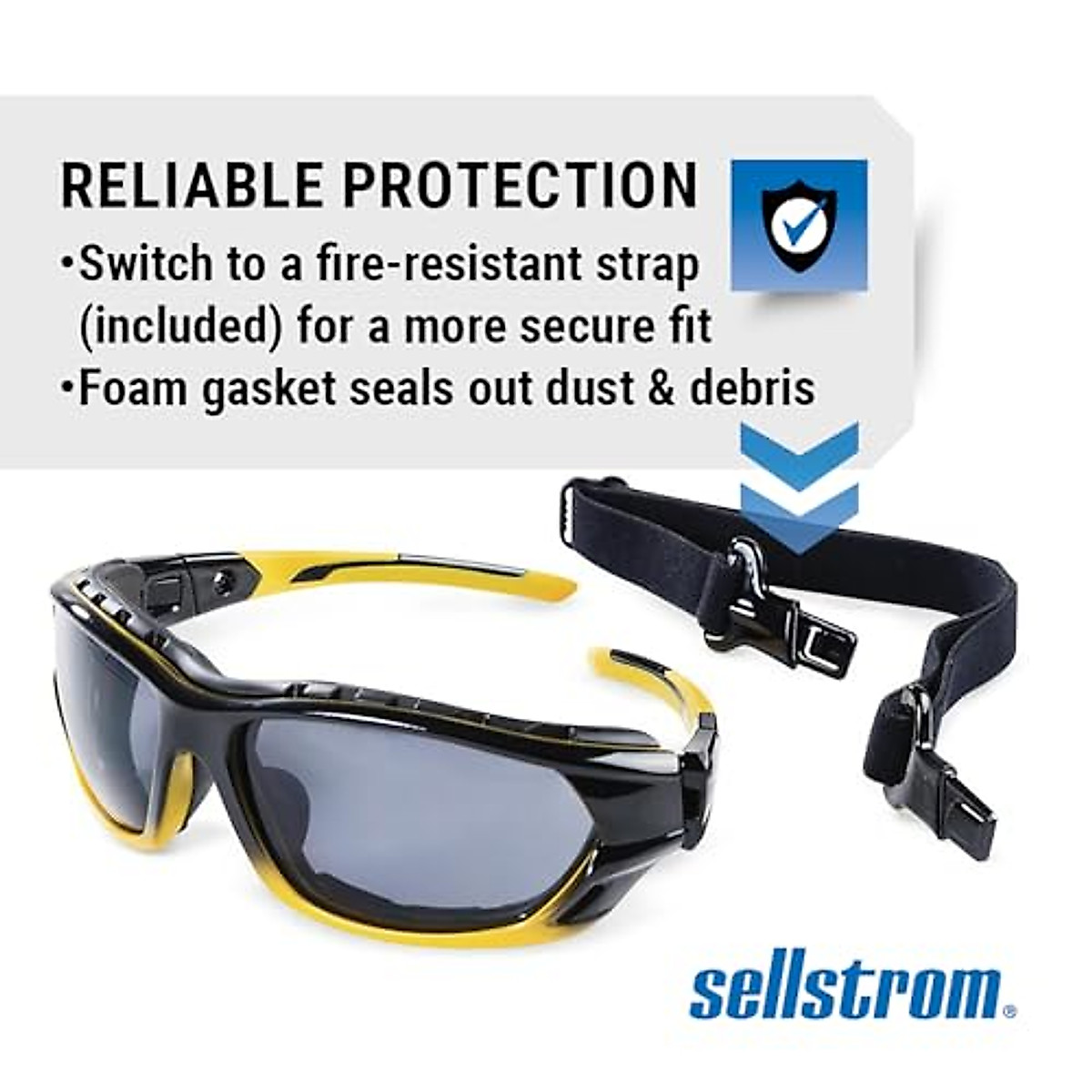 Sellstrom - 70001AZ Polycarbonate Sealed Safety Glasses/Protective Eyewear, Anti-Fog Coating, Detachable Soft Co-Molded Temples, U.S. Military Ballistic Rated, Yellow & Black with Smoke Tint, S70001