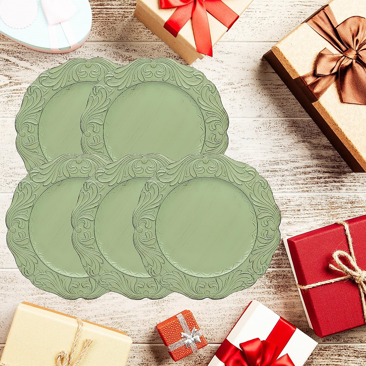 Leemxiiny Antique Green Charger Plates with Embossed Edge, Plastic Flora Decorative Chargers for Dinner Plates Set of 6 Bulk Wedding for Table Setting, Party, Holiday