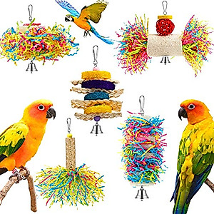 6 Pieces Parrot Cage Shredding Toy Bird Chewing Toys Foraging Hanging Toy Bird Loofah Toys with Bird Perch Stand Toy Blue Paw Grinding Stick for Small Bird Parakeets Cockatiel Conure African Grey
