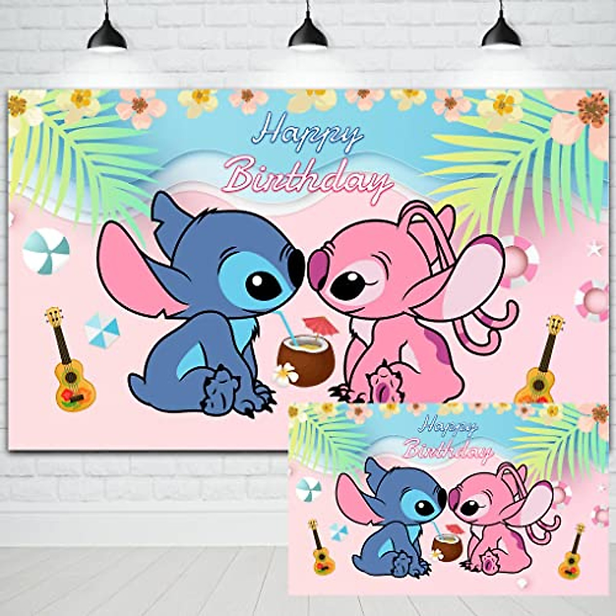 Stitch and Angel Happy Birthday Backdrop for Birthday Party Decorations Summer Tropical Hawaiian Beach Party Decorations Supplies Banner 5x3ft