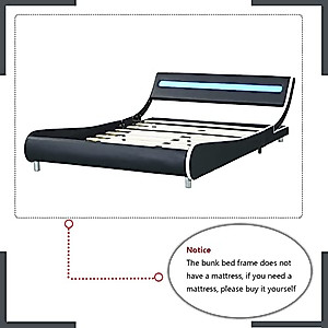 Queen Size Faux Leather Upholstered Platform Bed Frame with LED Lighting, Curve Design, Wood Slat Support, No Box Spring Required, Simple Assembly for Boys Girls Teenagers and Adults, Black+White