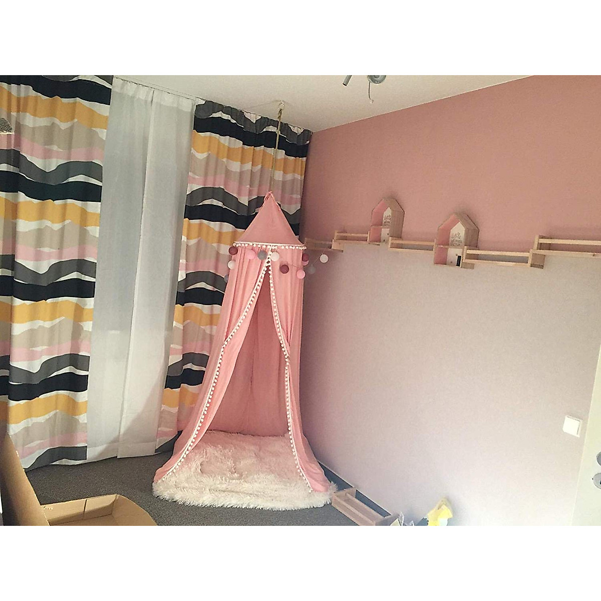 Bed Canopy for Girls Bed with Pom Pom, Cotton Dome Mosquito Net for Baby, Kids Indoor Outdoor Playing Reading, Bedroom Decoration (Peach Pink)