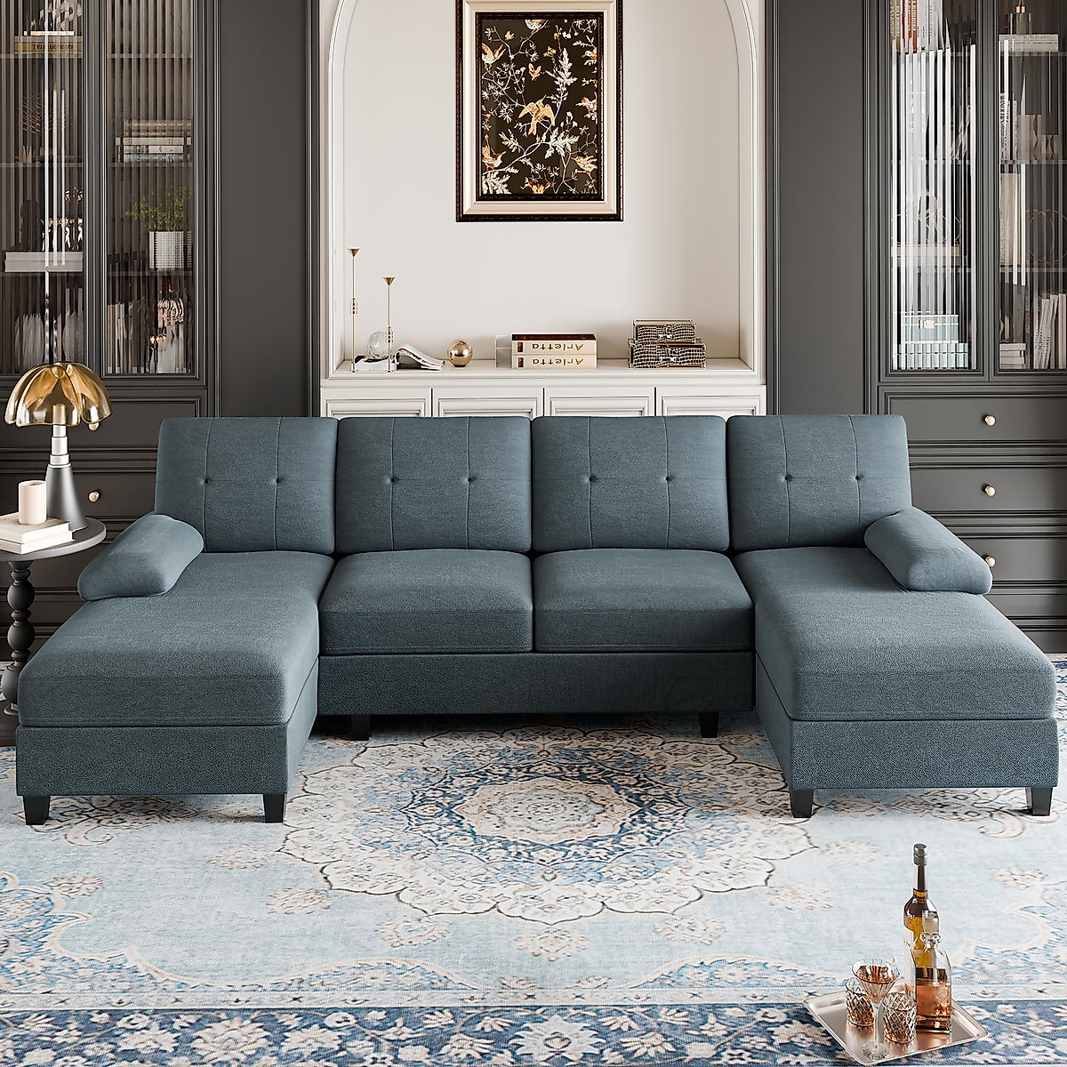 Shintenchi Sectional Couches for Living Room, U Shaped Sofa Couch with Double Chaise, 4-Seat Living Room Furniture Sets with Soft Cushion & Linen Fabric, Dark Grey