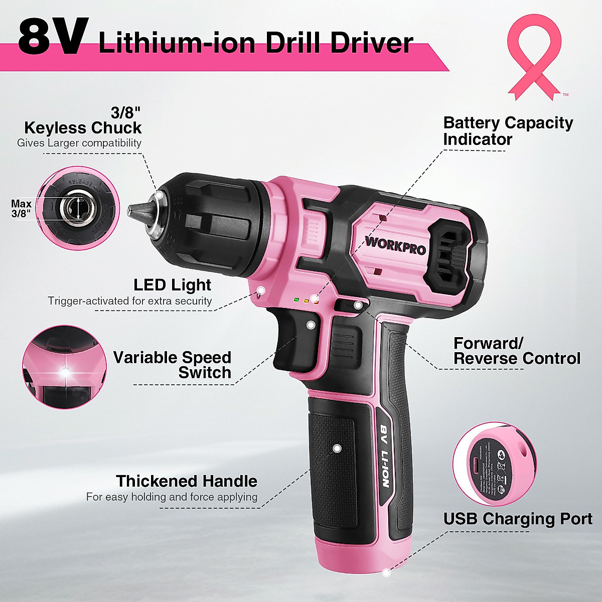 WORKPRO Pink Power Drill Set, 8V Cordless Drill Driver Set with 53pcs Bit Set, 2.0Ah Electric Cordless Drill Kit with 3/8" Keyless Chuck and Variable Speed Trigger, Portable Drill for DIY- Pink Ribbon