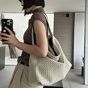 JINMANXUE Women Boston Bag Woven Vegan Leather Handbags Female Satchel Messenger Bag Fashion Shoulder Bag Casual Hobo (Off white)