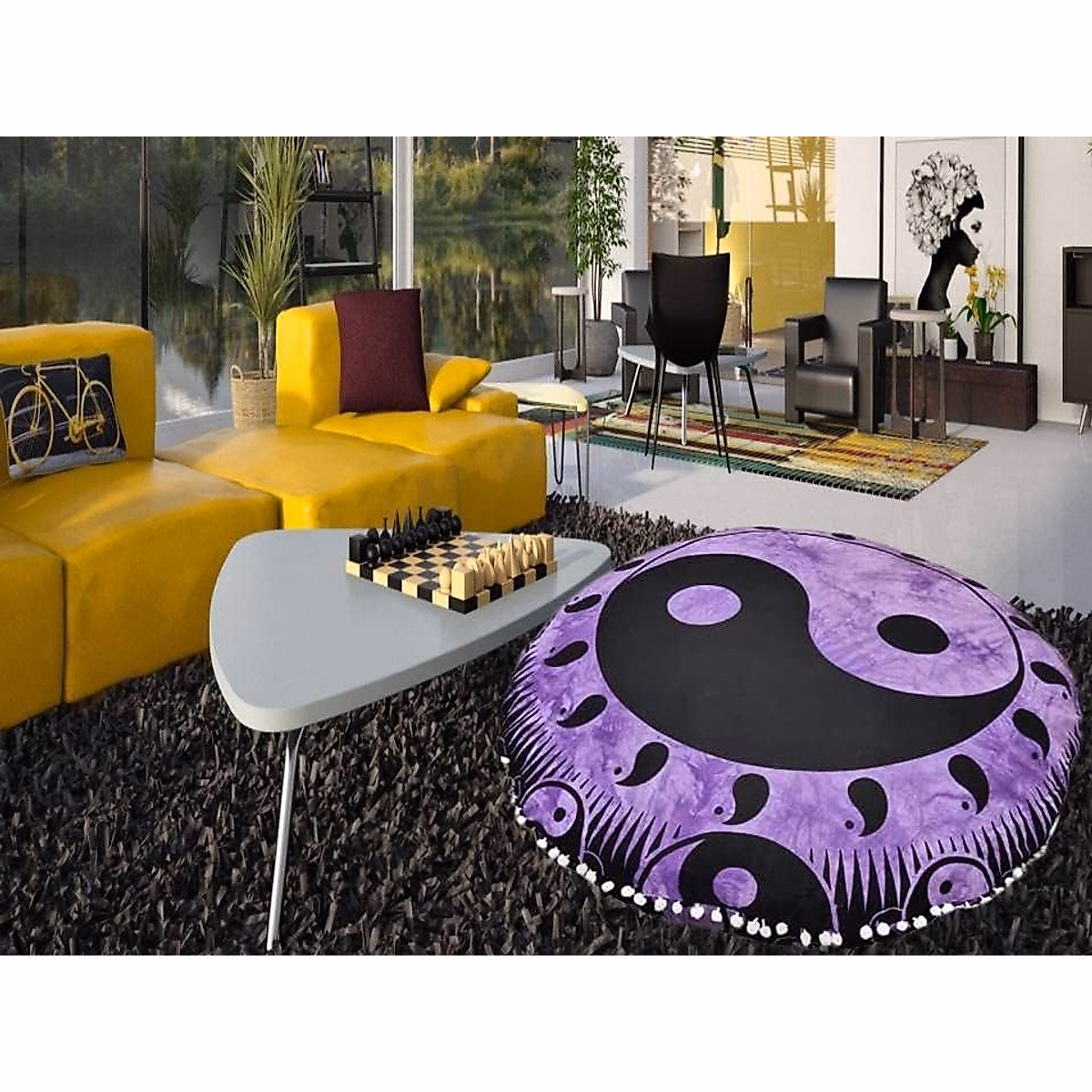 My Dream Carts 32" Floor Cushion “Cover Only” Round Yin Yang Boho Mandala Bedroom Bohemian Throw Seating Big Pillows for Yoga Balcony Garden Party Home Decor Purple (32” Pillow Cover, Without Insert)