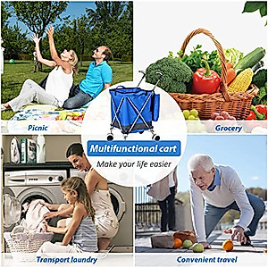 Supenice Folding Grocery Shopping Cart Rolling Utility Cart with 360° Double Front Swivel Wheels Waterproof Removable Canvas Bag with Cover for Laundry Grocery, Shopping, Baggage, Picnic (Blue)